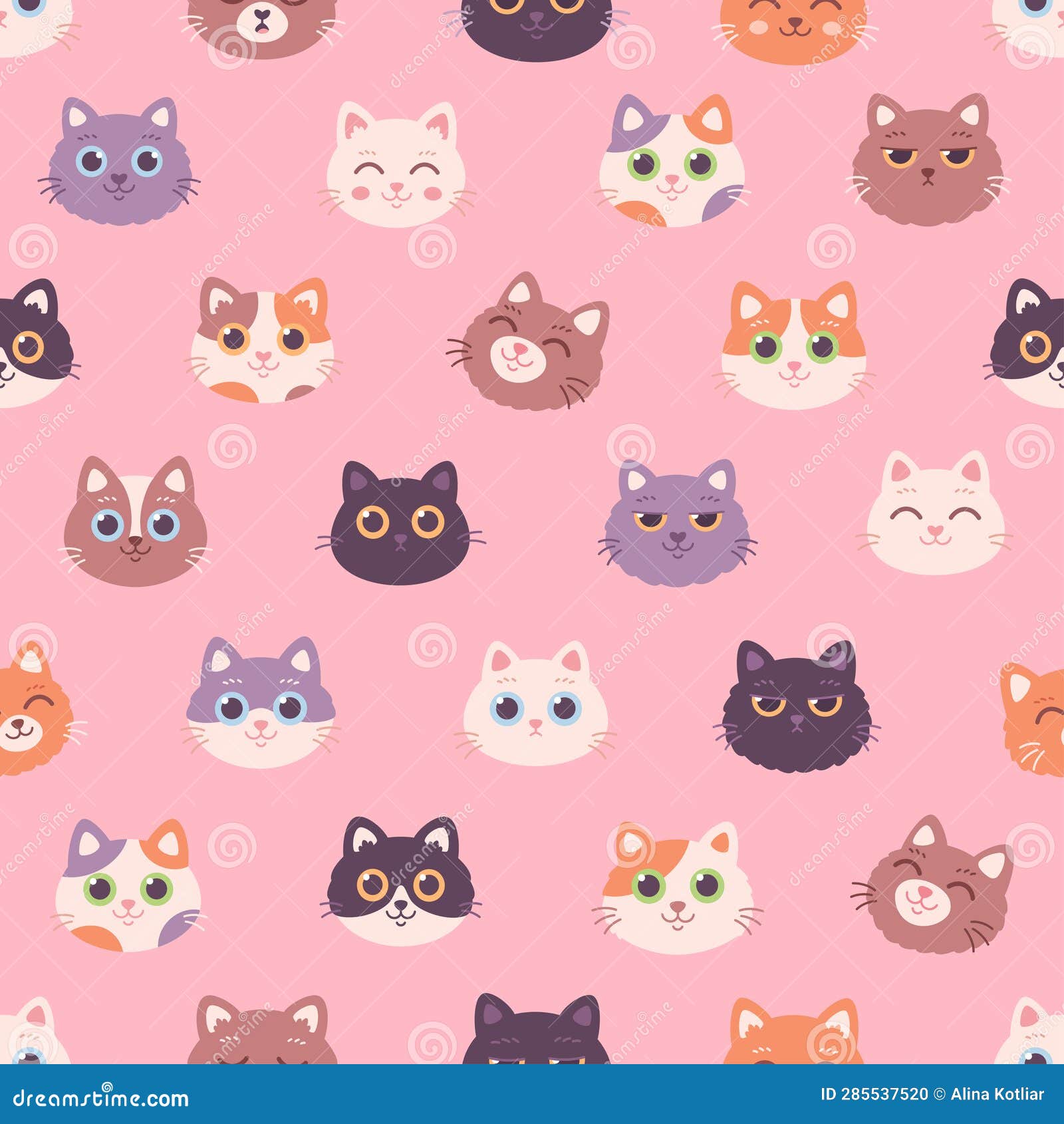 Cat Faces Seamless Pattern. Cat Characters with Different Emotions and ...