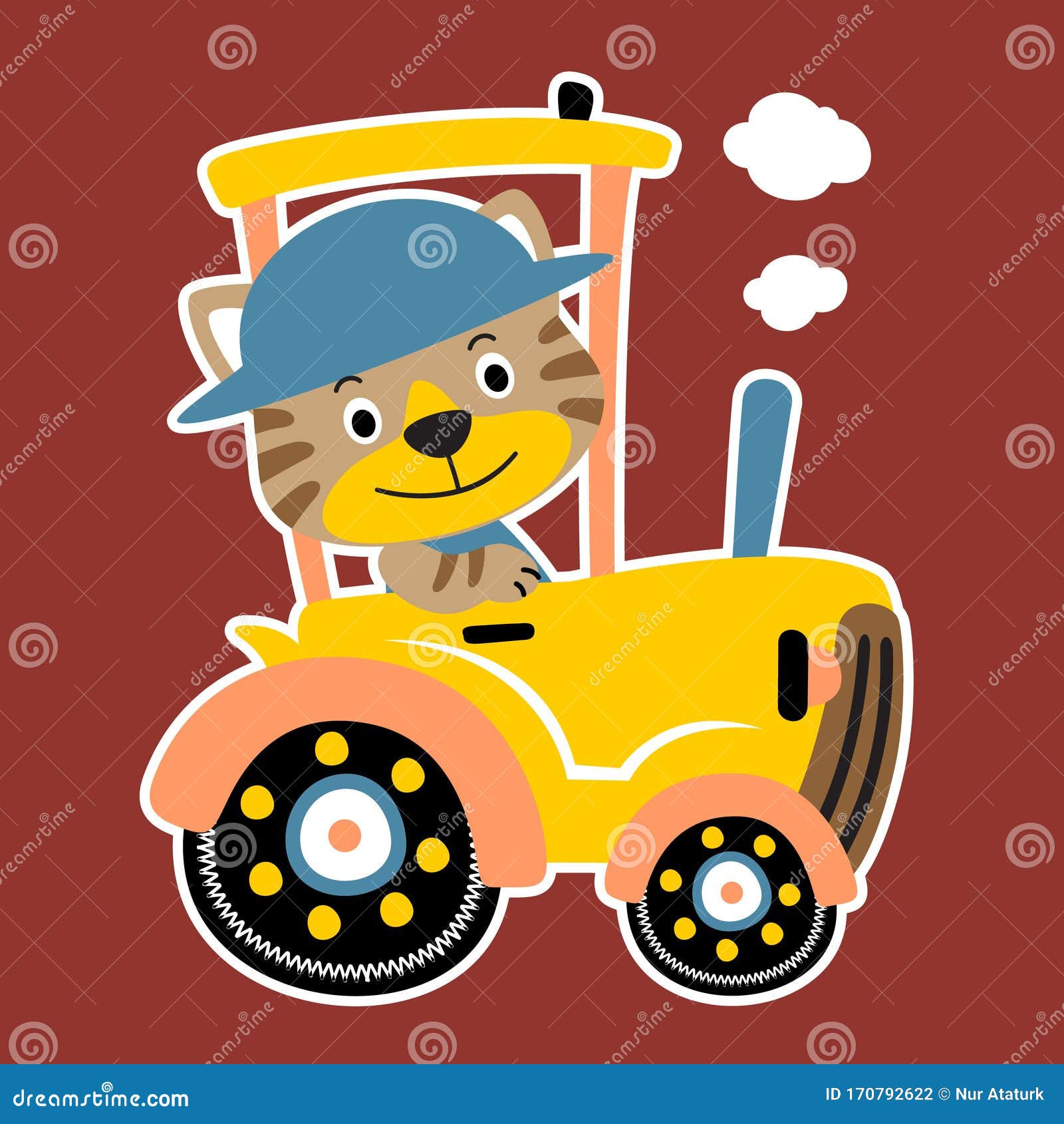 Cartoon of Funny Cat Driving Yellow Tractor Stock Vector - Illustration ...