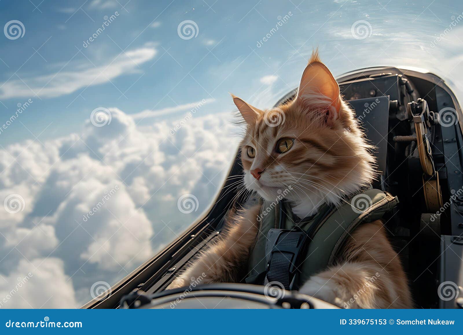 A Cat in a Fighter Jet Cockpit, Flying Above the Clouds Stock ...