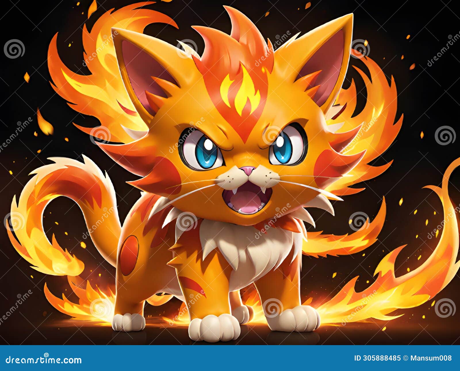 A cat with a fire tail stock illustration. Illustration of wild - 305888485