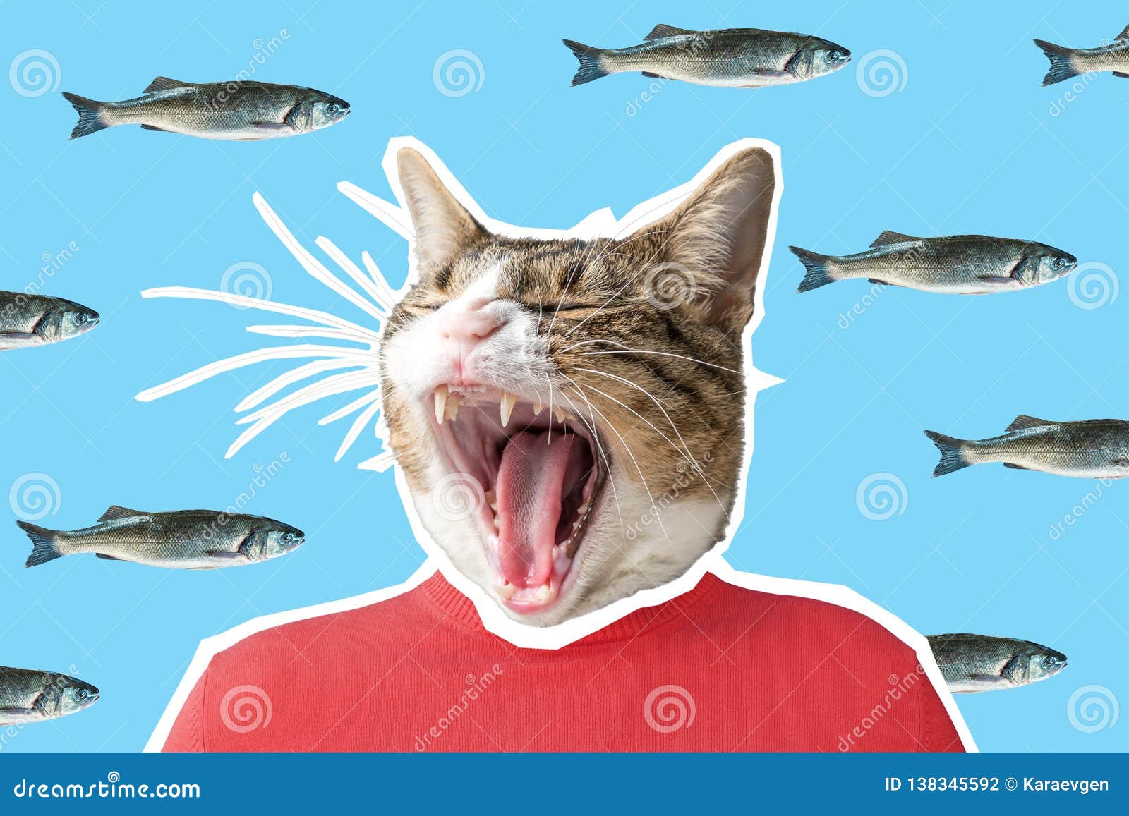 Cat and Fish Collage, Pop Art Concept Design. Minimal Vibrant ...