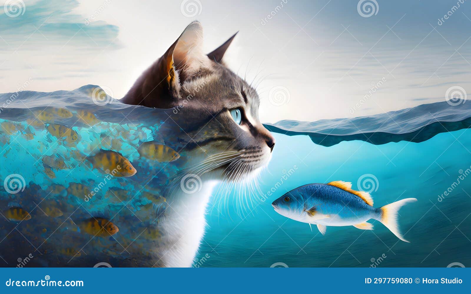 Cat with fish in ocean stock illustration. Illustration of feline ...