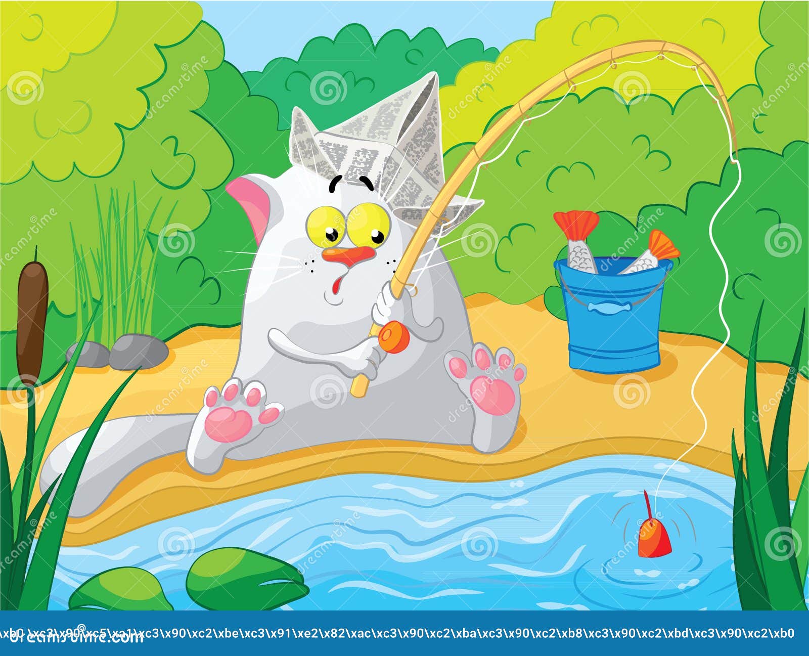Cat Fishing on the River. Vector Illustration. Stock Vector ...