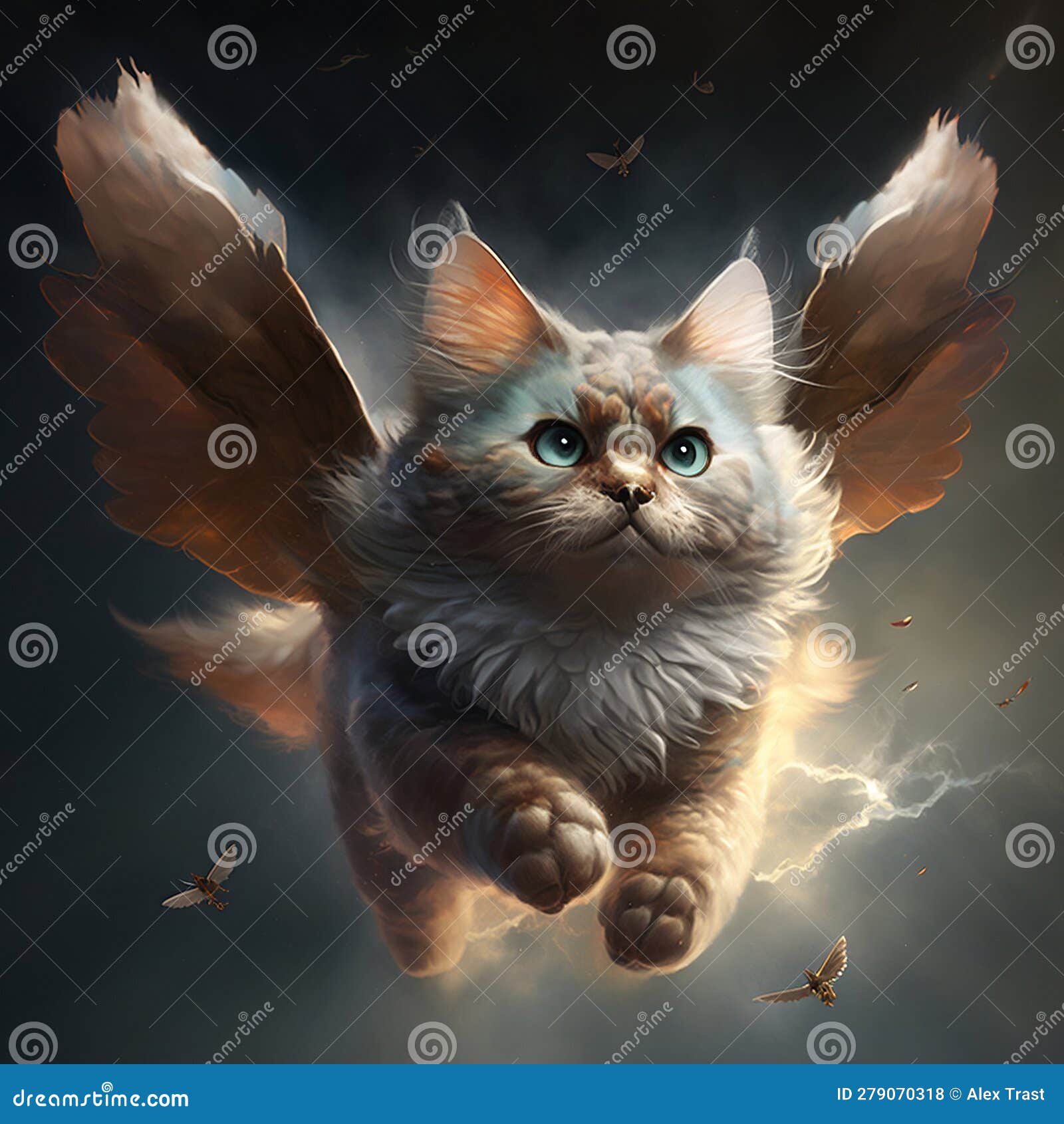 The Cat Flies through the Clouds on Wings. AI Generated Stock ...