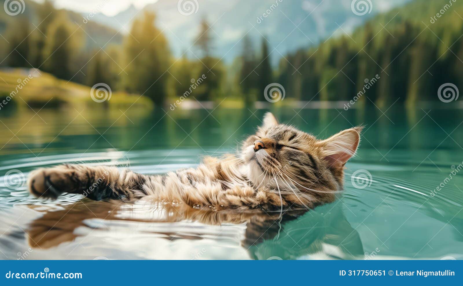 Cat Floating Peacefully on Water in a Beautiful Mountain Lake Stock ...