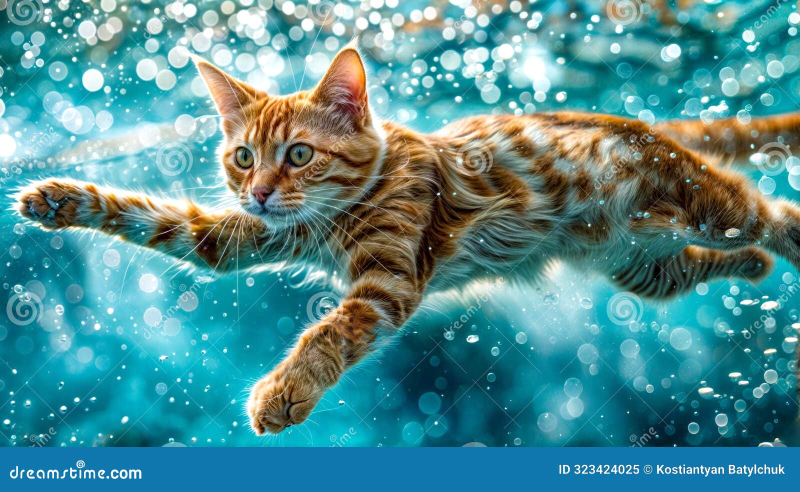 Cat is Floating in the Water and Looking at the Camera with Blurry ...