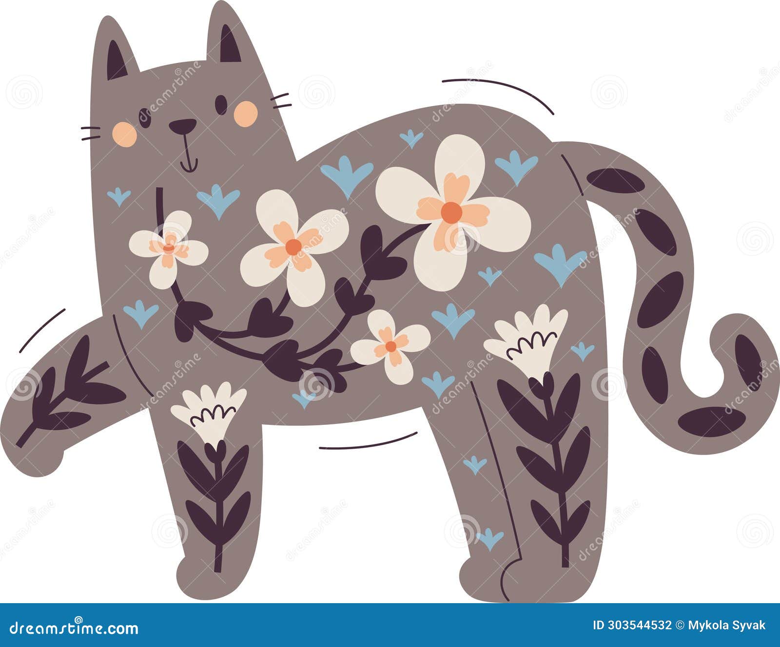 Cat with Floral Pattern stock illustration. Illustration of decoration ...