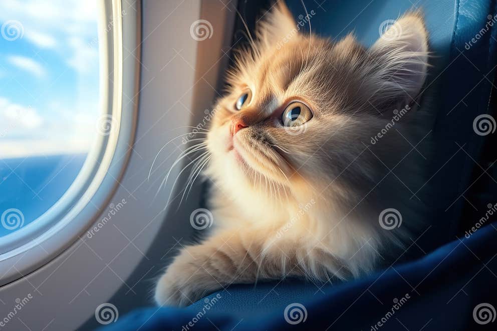 Cat is flying in airplane stock illustration. Illustration of look ...