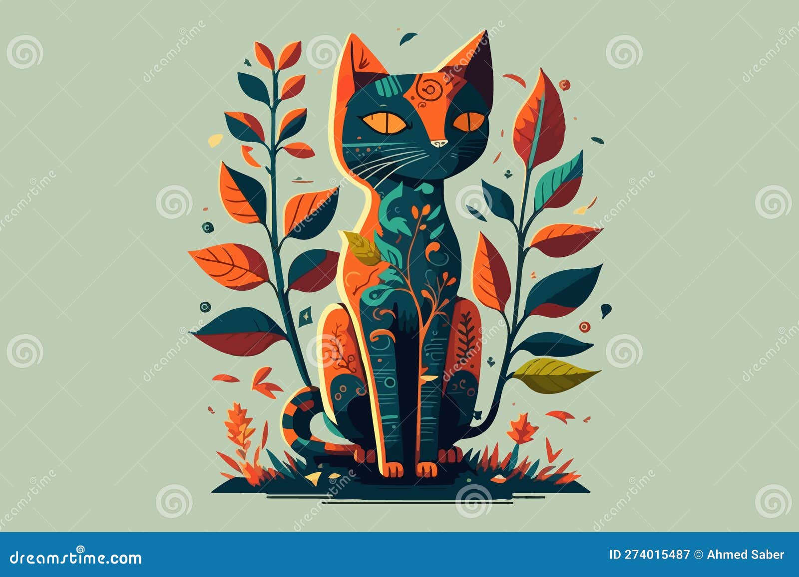Cat Folk Art Style Vector Illustration Stock Illustration ...
