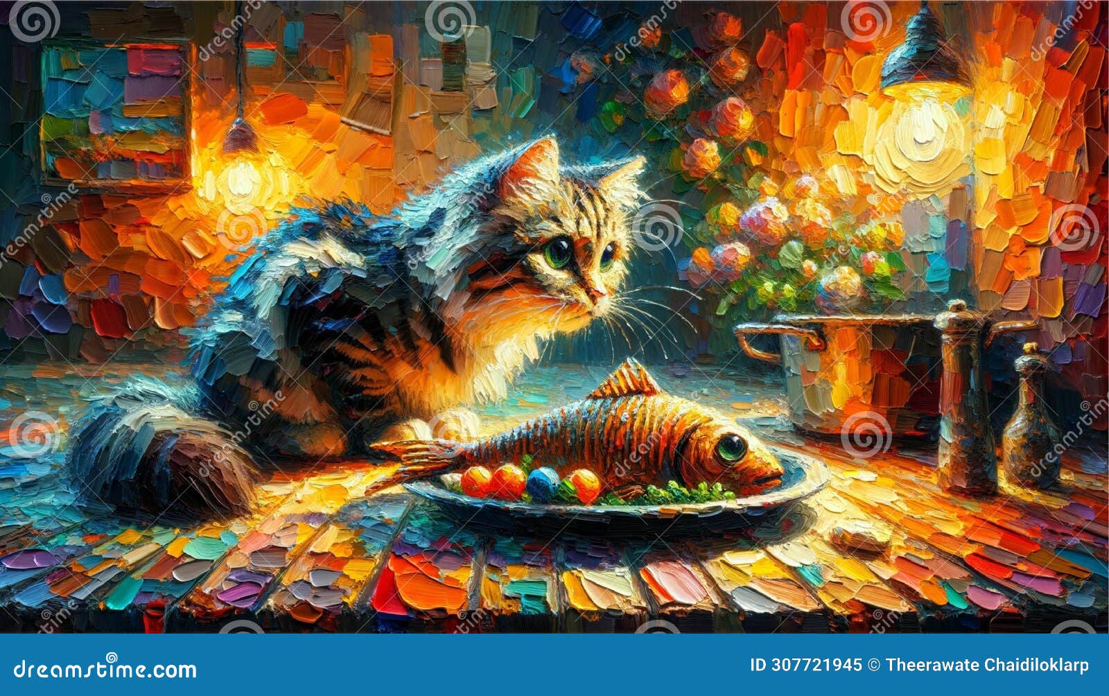 Cat and fried fish stock illustration. Illustration of painting - 307721945