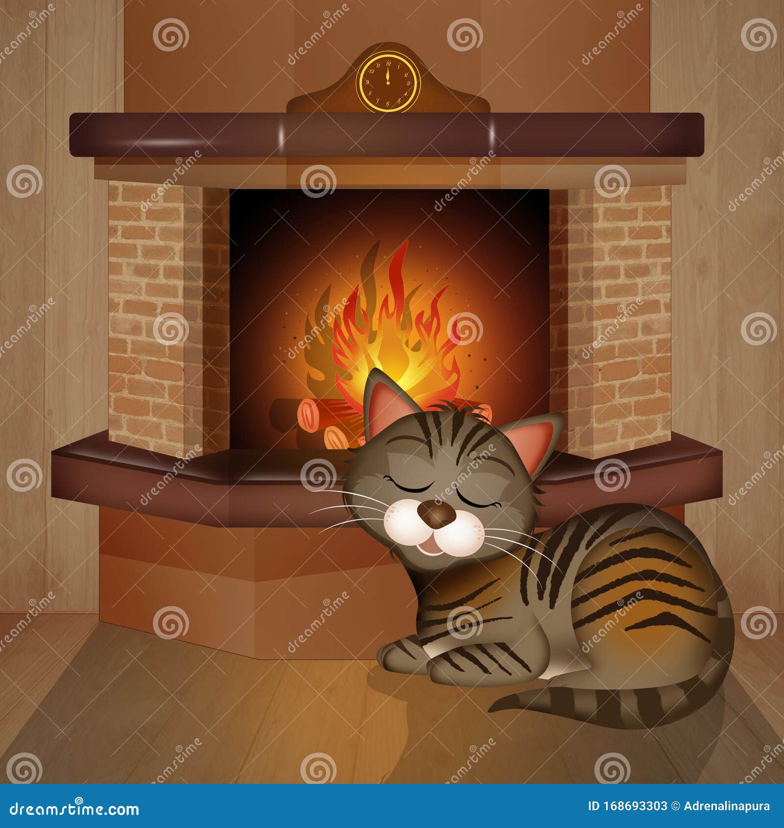 Cat in Front of the Fireplace Stock Illustration - Illustration of ...