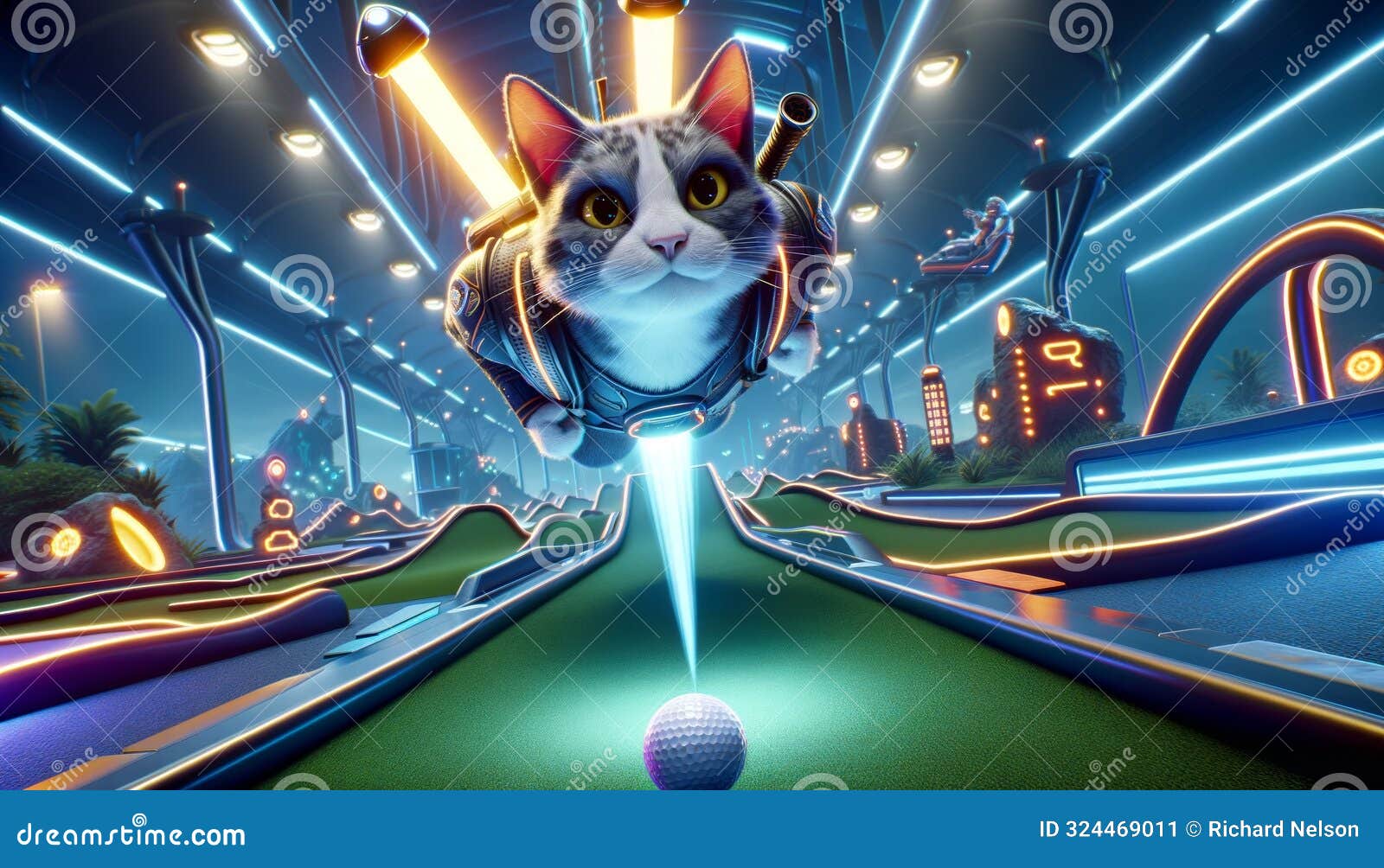 Cat in Futuristic Mini Golf Course Stock Illustration - Illustration of ...