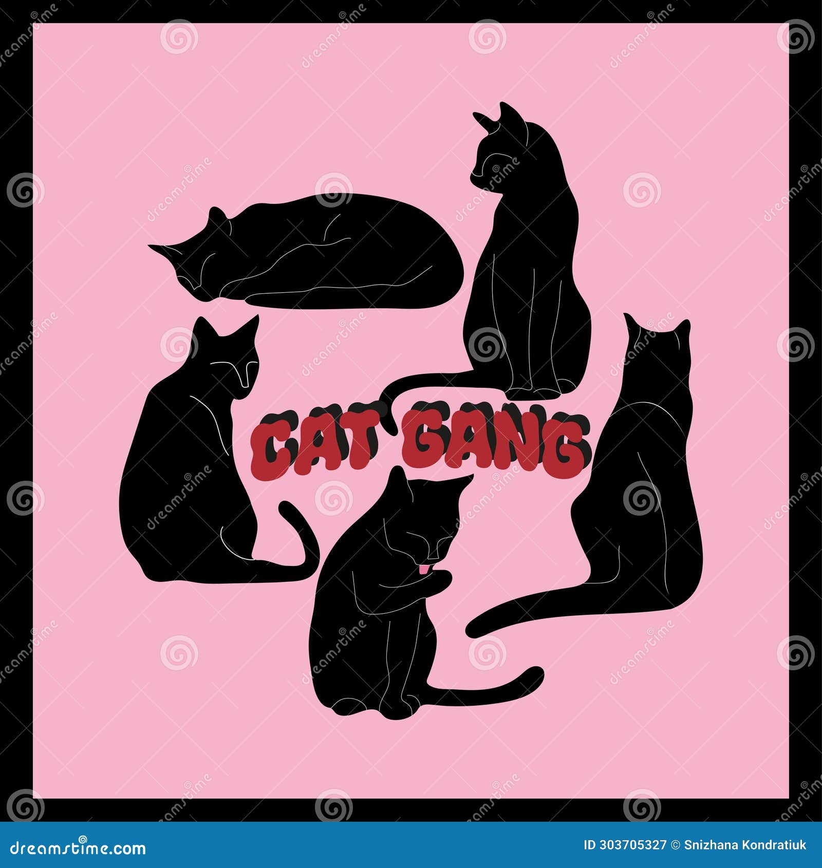Cat Gang. Retro Cat. Black Pink Cat Stock Illustration - Illustration ...