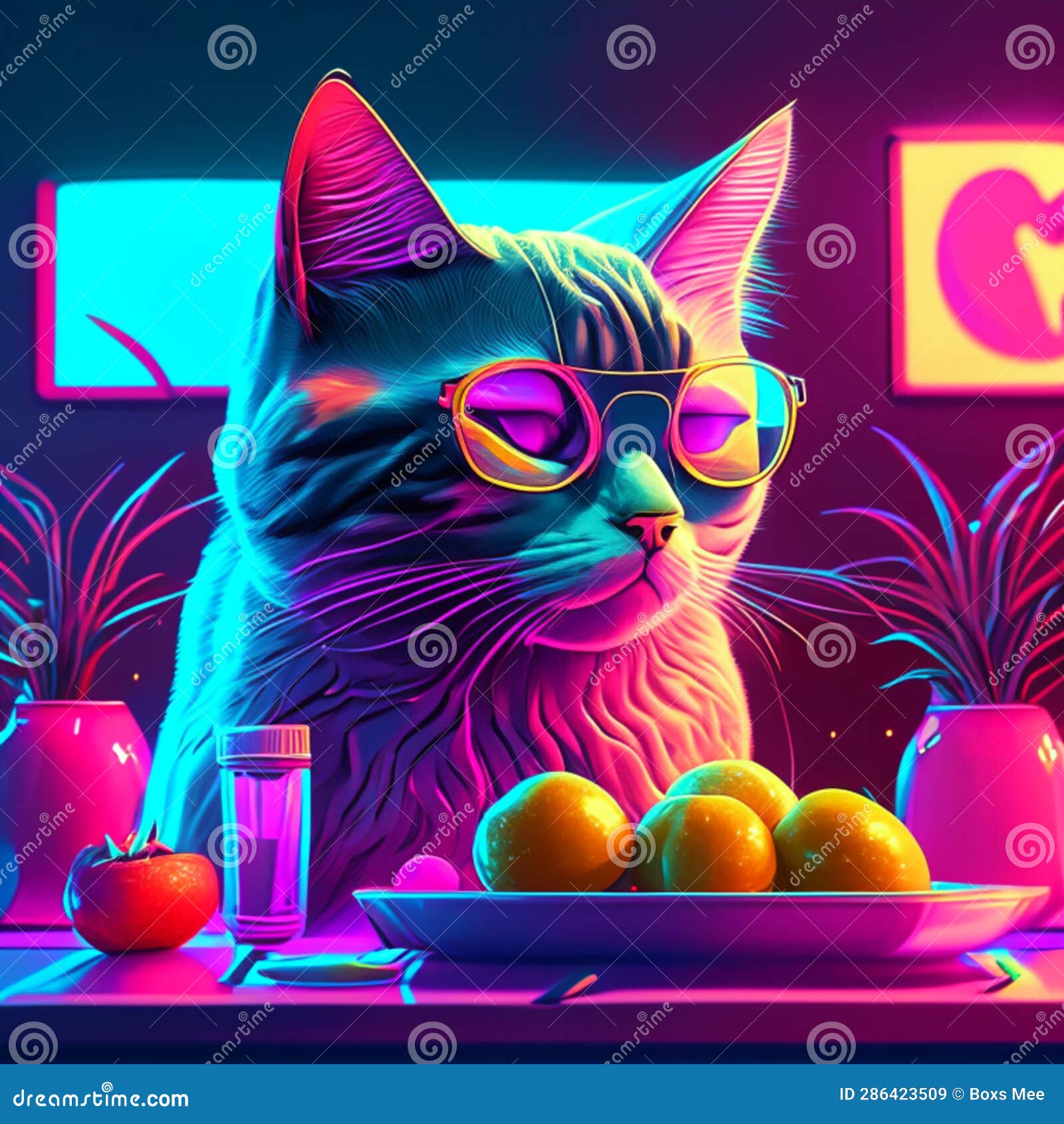 Cat In Glasses On The Background Of A Table With Oranges 3d Illustration Ai Generated Stock