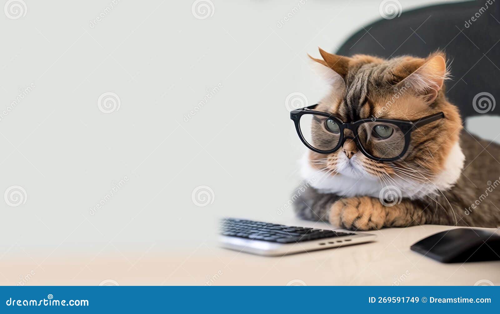 Cat in Glasses Behind a Computer Keyboard. Banner. Copy Space ...