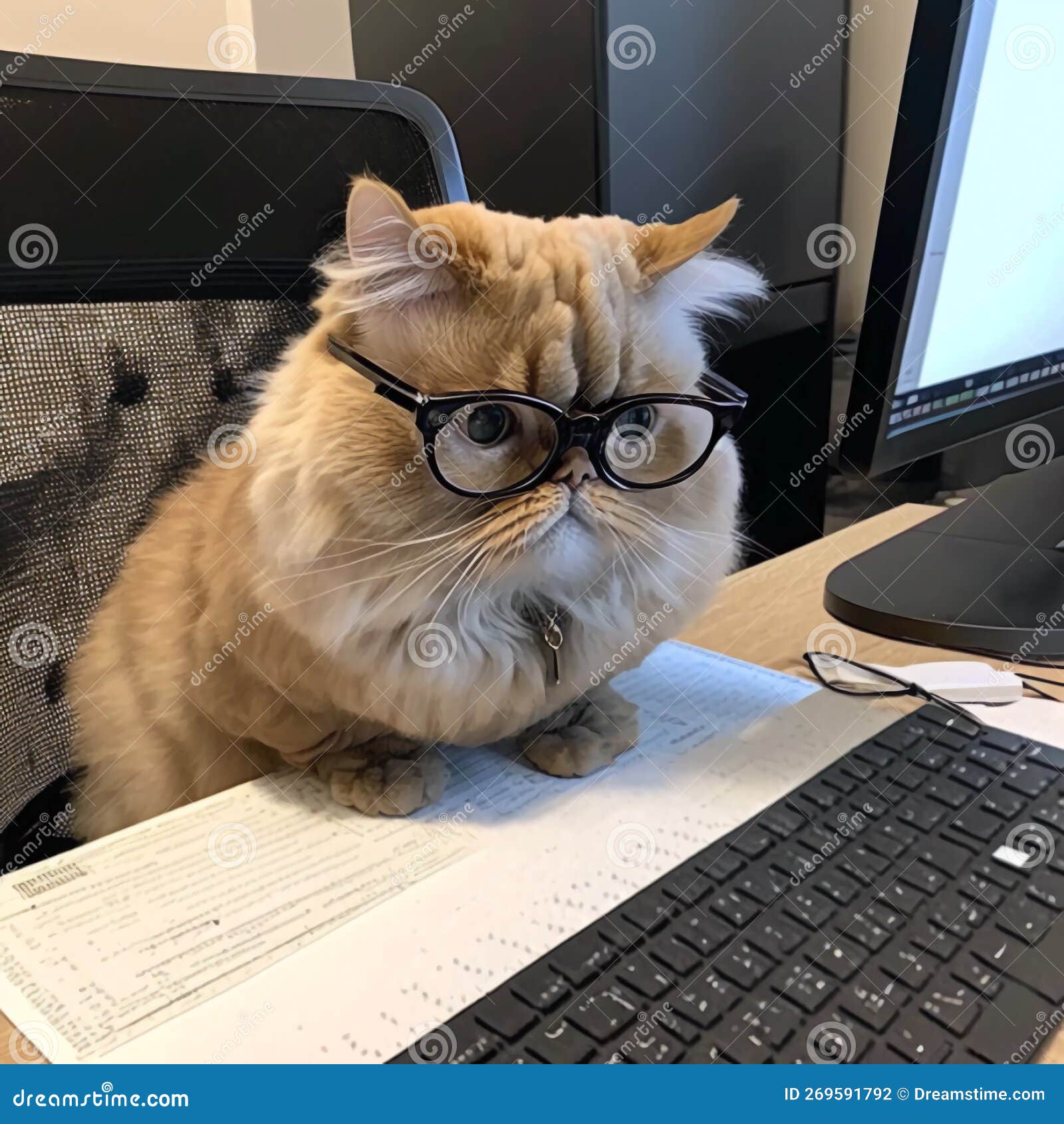 Cat with Glasses at the Computer. Banner. Copy Space. Generative AI ...