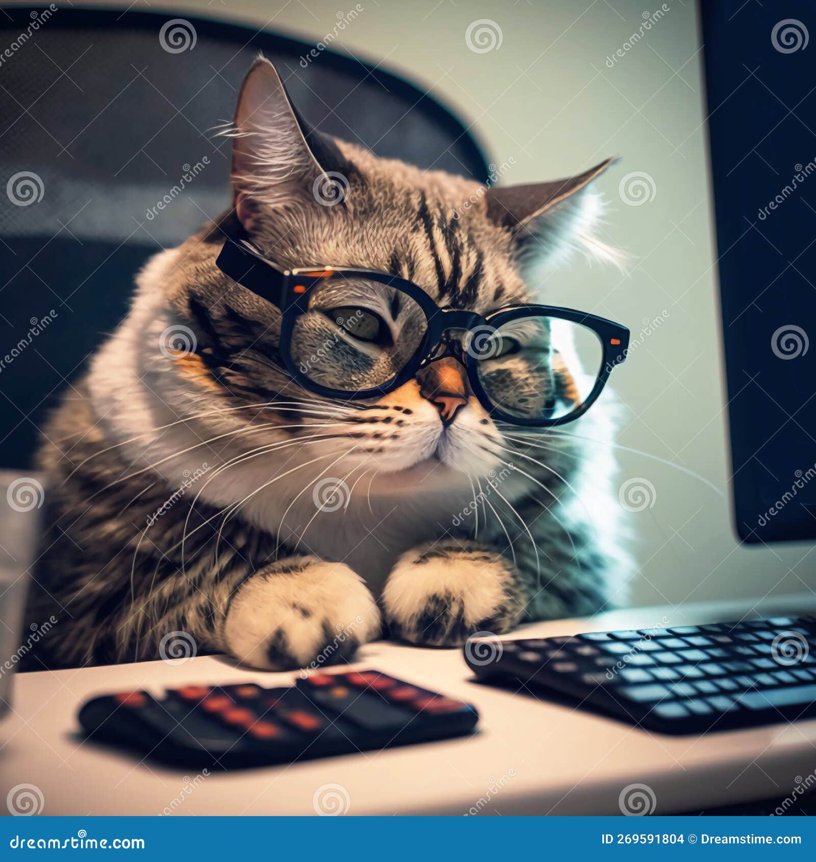 Cat with Glasses at the Computer. Scientist Cat with a Calculator ...