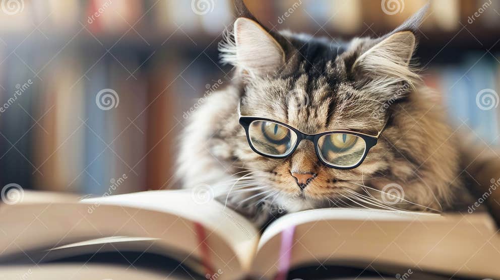 A Cat with Glasses Reading a Book Stock Image - Image of read, small ...