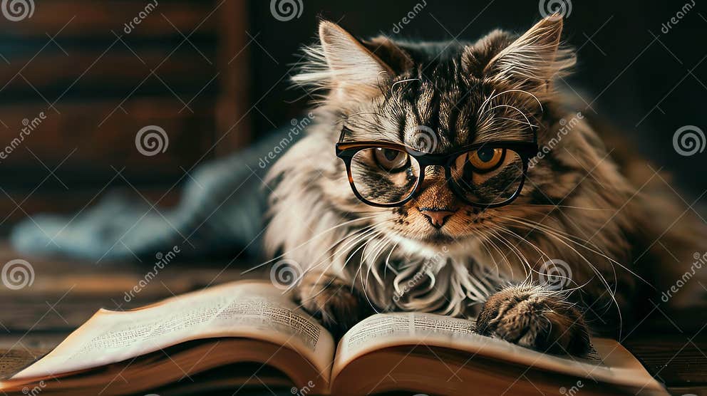 A Cat with Glasses Reading a Book Stock Image - Image of reading, small ...