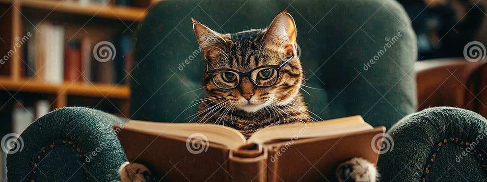 A Cat in Glasses is Reading a Book in a Chair. Selective Focus Stock ...