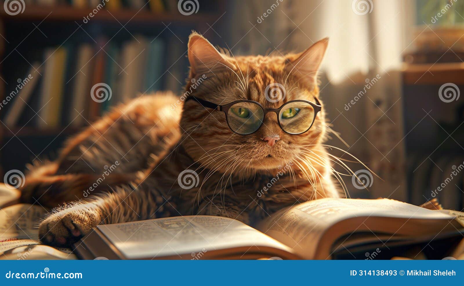 Cat in Glasses Reading a Book Stock Illustration - Illustration of ...