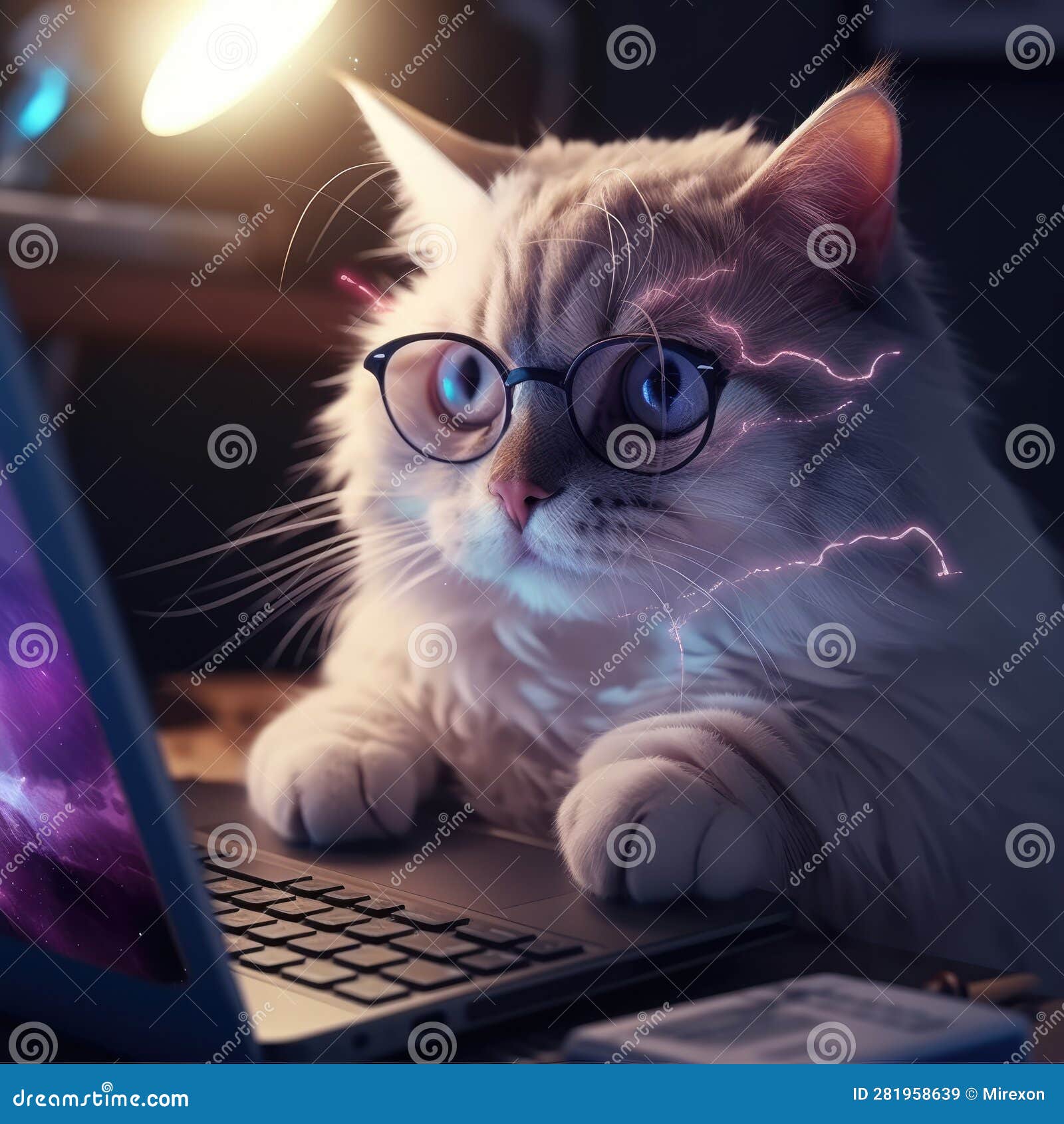 Cat in Glasses Works at a Table on a Computer Indoors Stock ...