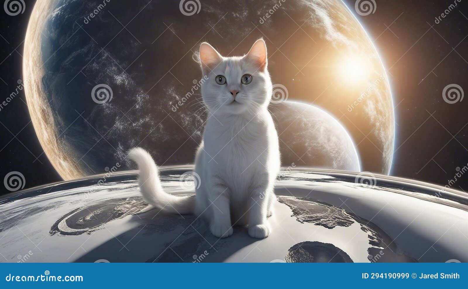 Cat on the Globe, a Cat Astronaut and an Earth in Outer Space. Stock ...