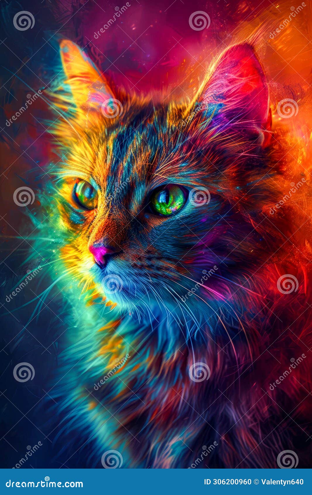 Cat with Glowing Eyes Sits in Front of Colorful Background. Generative ...