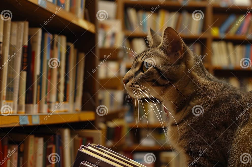Cat with a Goatee Browsing in a Bookstore Stock Image - Image of ...