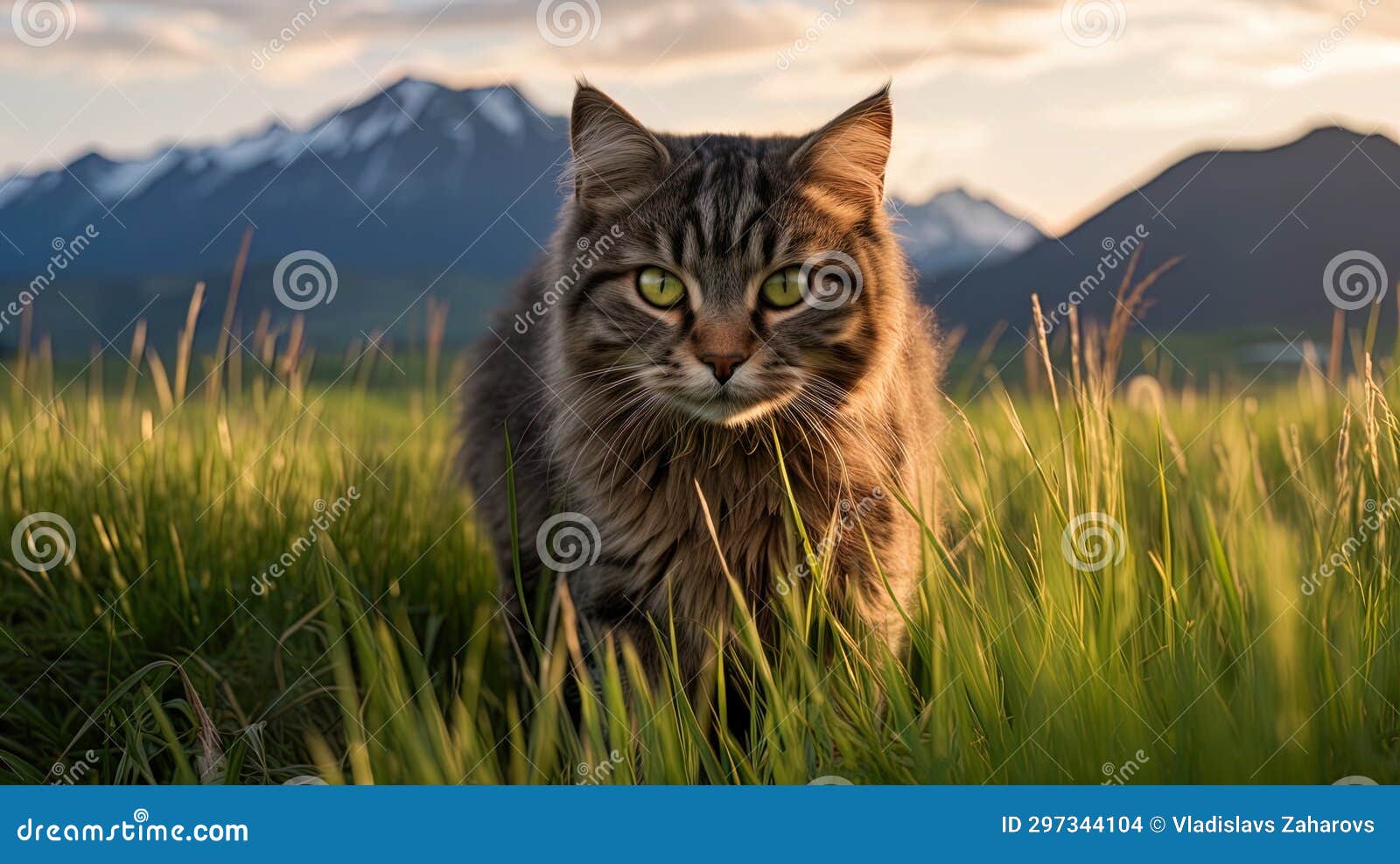 Cat in Green Tall Grass, Mountains, Sunset Create Scenic Backdrop Stock ...