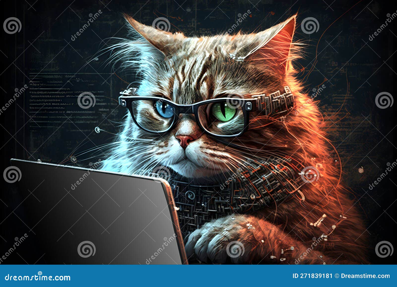 Cat hacker with laptop stock illustration. Illustration of monitor ...
