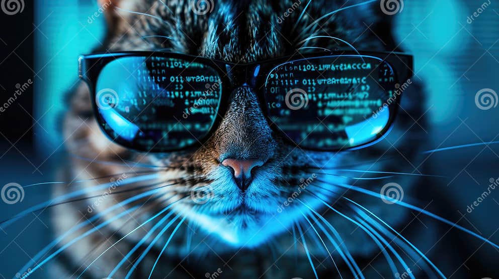 Cat Hacker Works in Dark Room, Computer Code Reflected in His Glasses ...