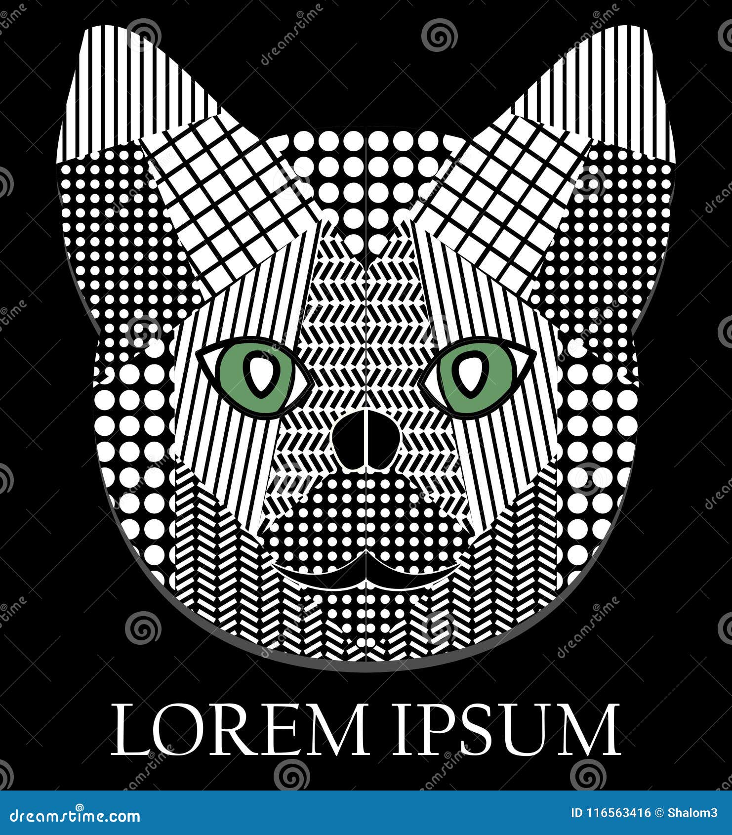 Cat Head in Patchwork Style. Black and White Hatched Drawing with Green ...