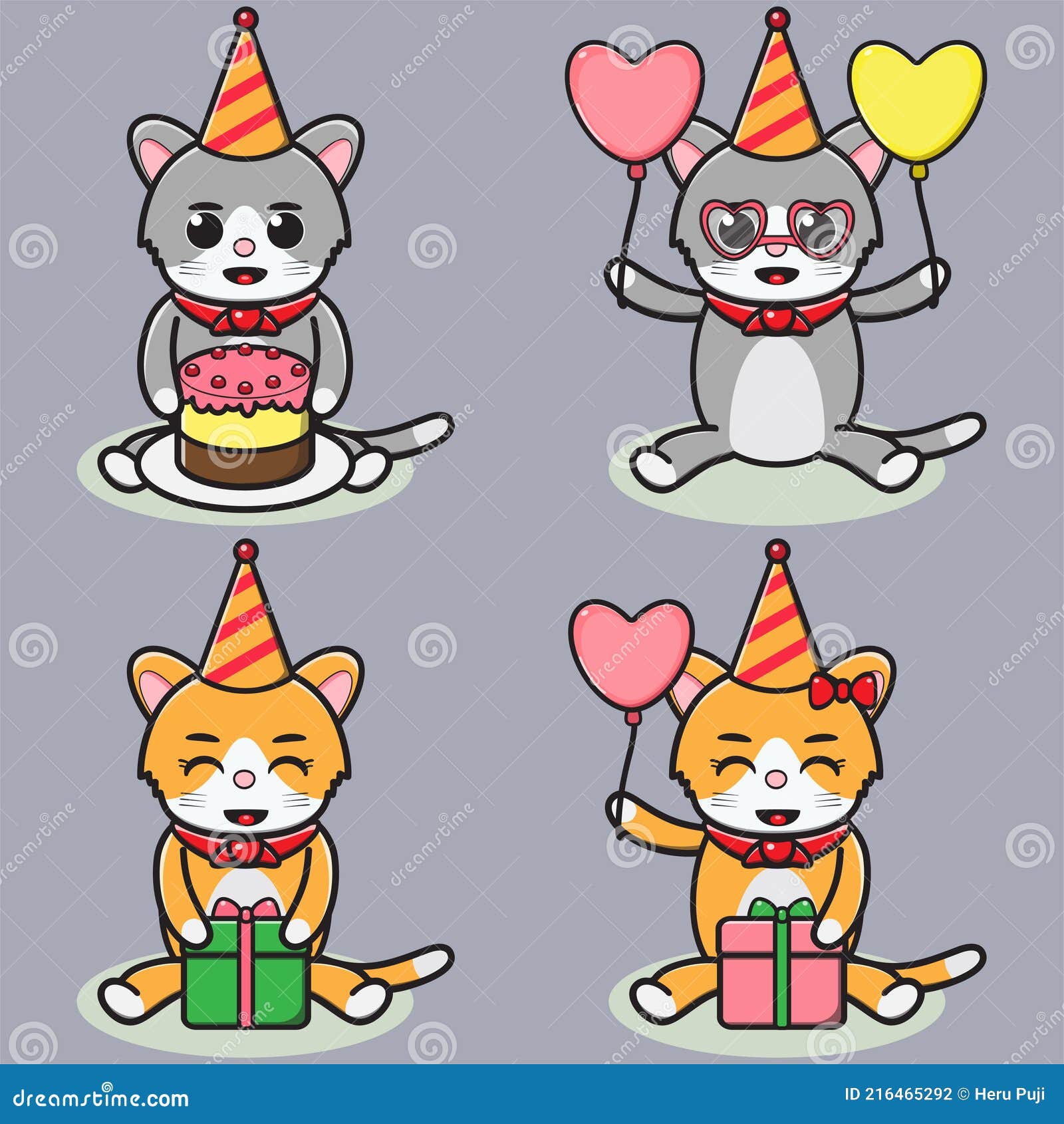 Vector Illustration of Cute Little Cat Party Cartoon Set. Stock Vector ...