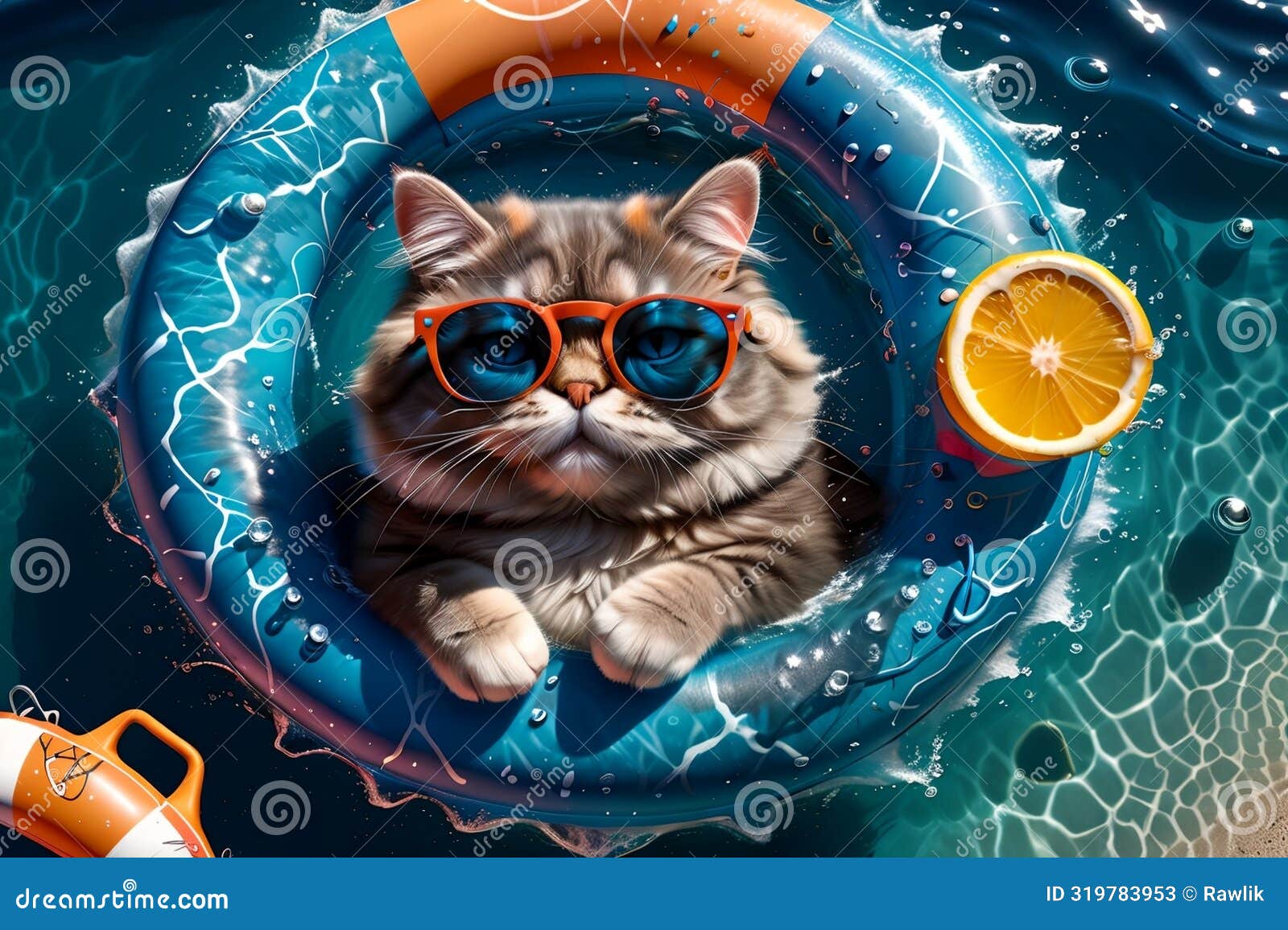 Cat in an Inflatable Ring Floats on the Sea, Top View Stock ...