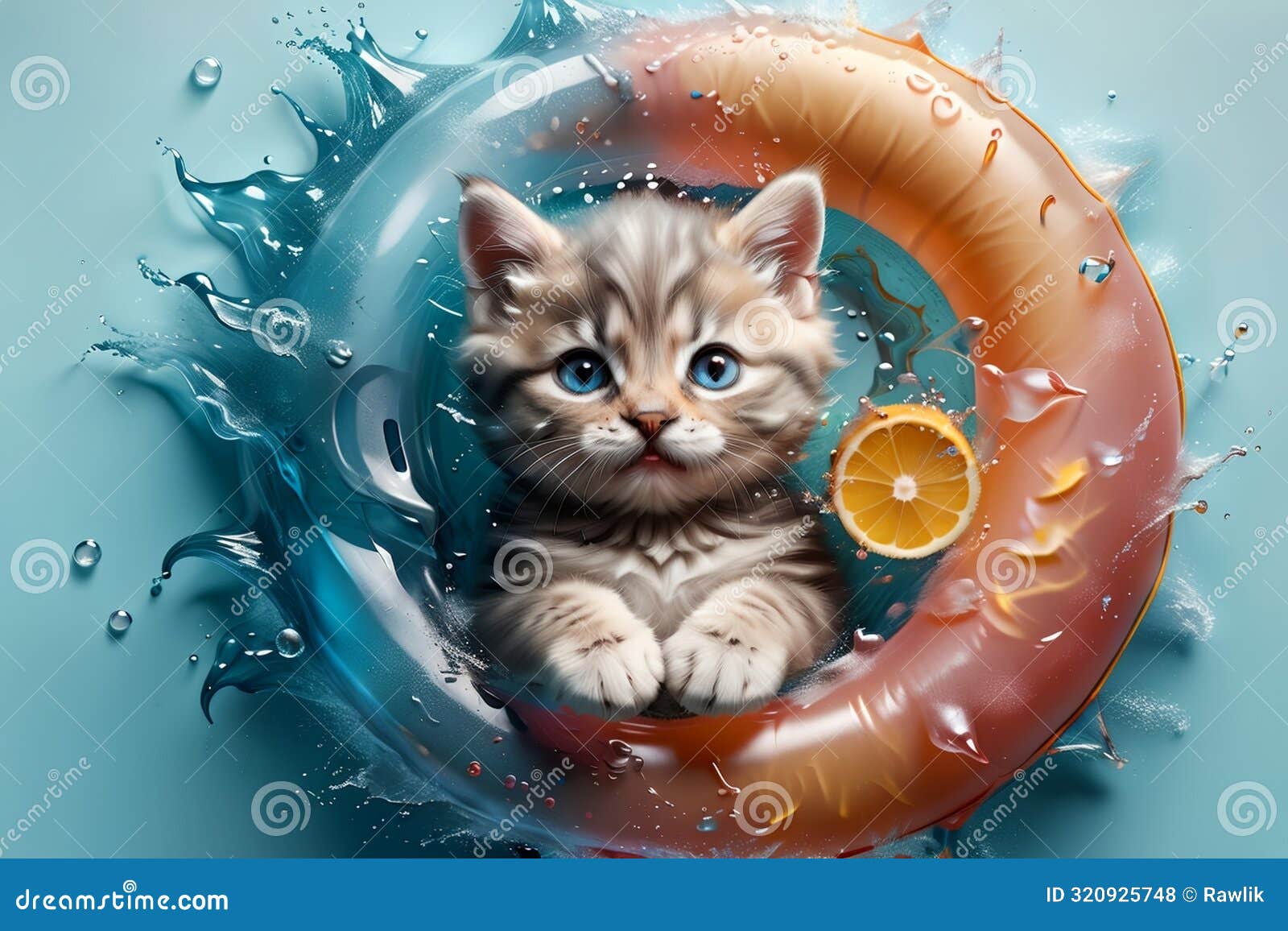 Cat in an Inflatable Ring Floats on the Sea, Top View Stock Photo ...
