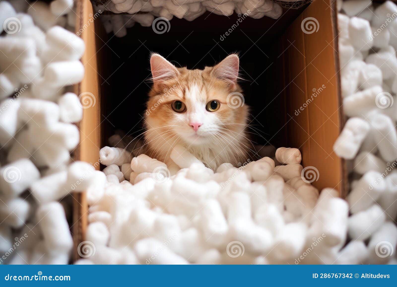 Cat Inside a Box Surrounded by Packing Peanuts Stock Illustration ...