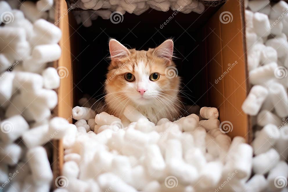 Cat Inside a Box Surrounded by Packing Peanuts Stock Photo - Image of ...