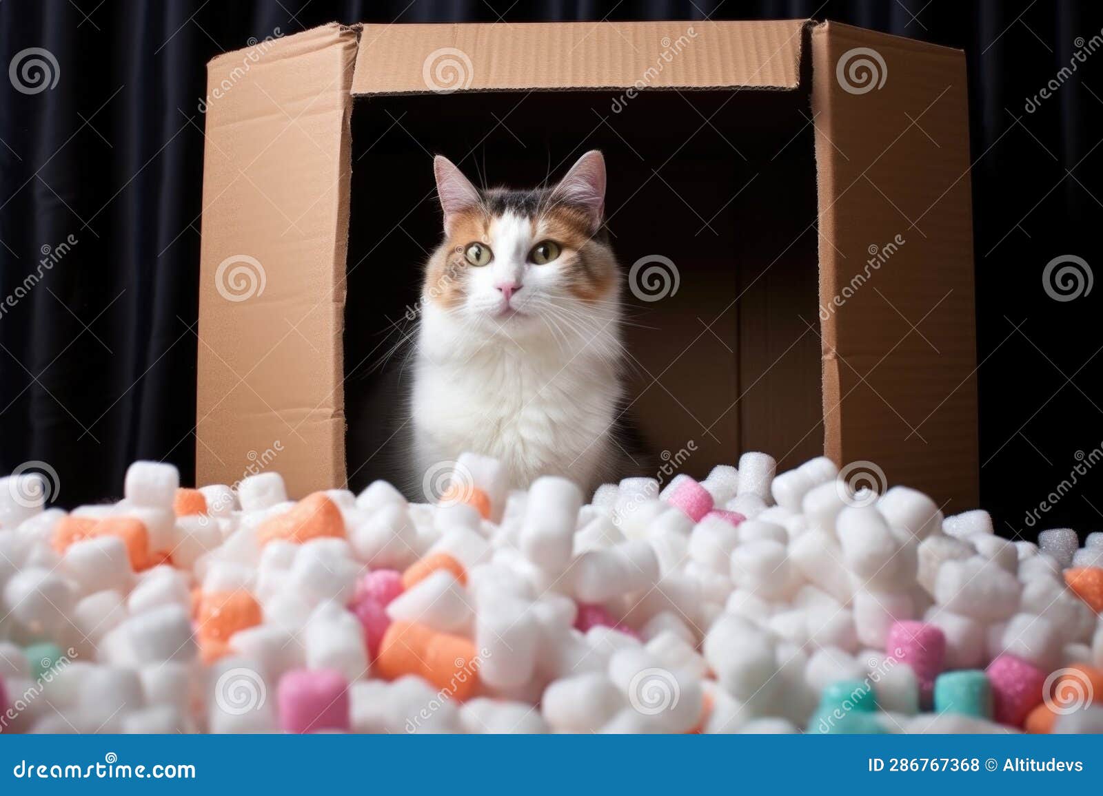 Cat Inside a Box Surrounded by Packing Peanuts Stock Photo - Image of ...