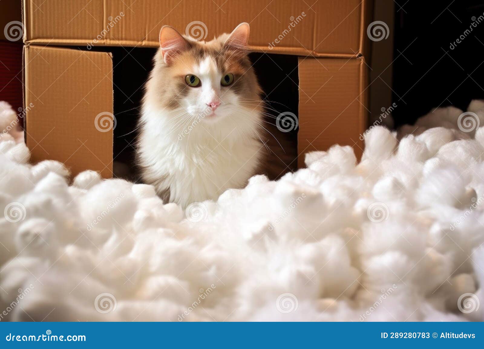 Cat Inside a Box Surrounded by Packing Peanuts Stock Image - Image of ...