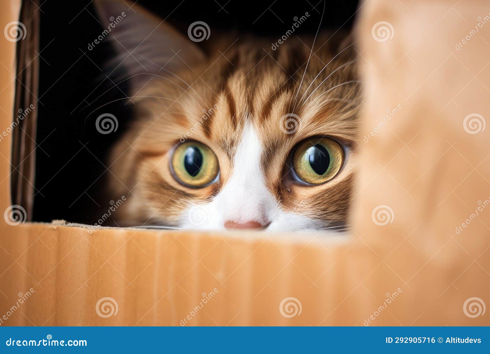 Cat Inside a Moving Box Peeking Out Stock Photo - Image of surprise ...