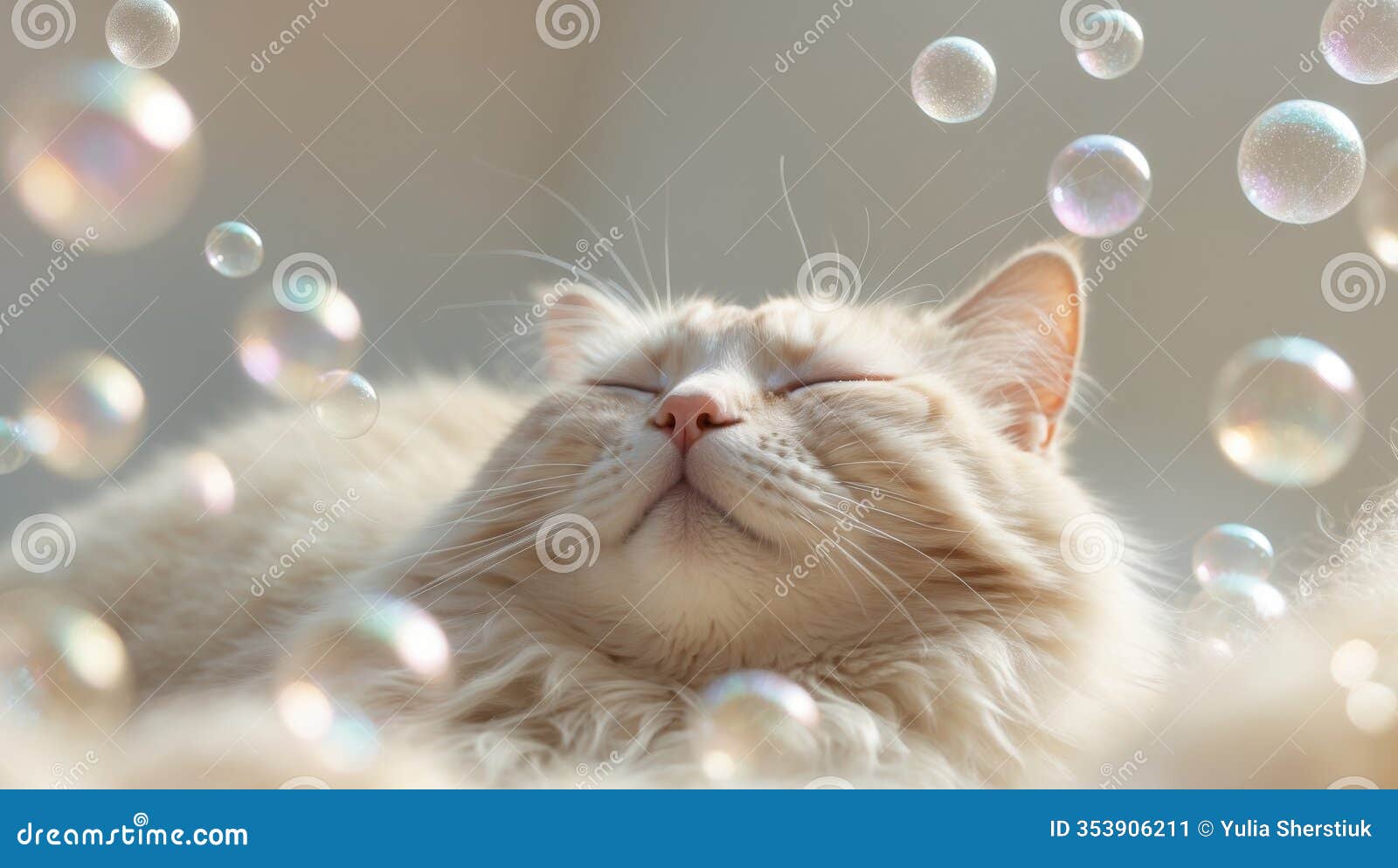 A Cat with Its Eyes Closed and Bubbles Floating Around it Stock Image ...