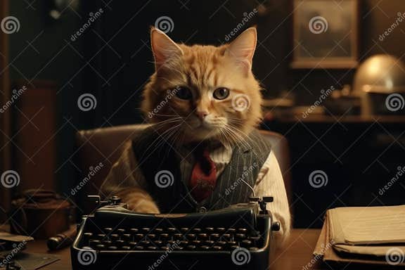 A Cat in a Jacket Sits at a Table with a Typewriter. AI Generative ...