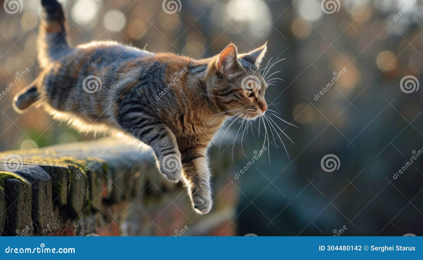 A Cat Jumping Over a Brick Wall in the Sunlight, AI Stock Photo - Image ...