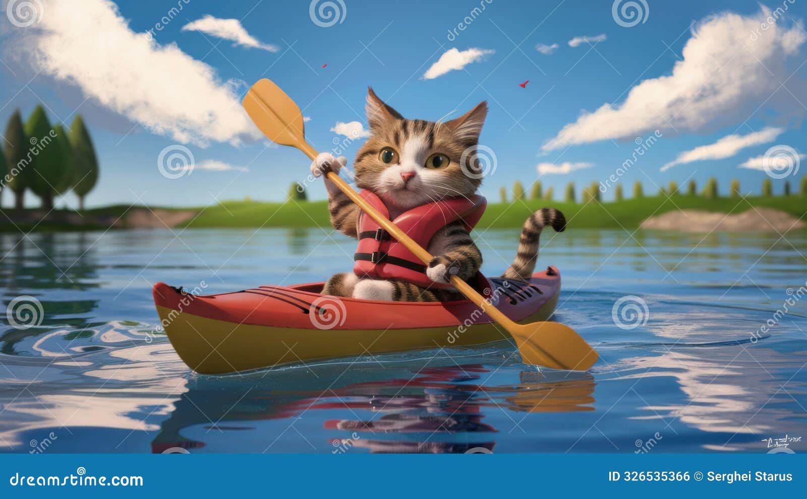 A Cat In A Kayak With Life Jacket Paddling On Water, AI Stock Photo ...