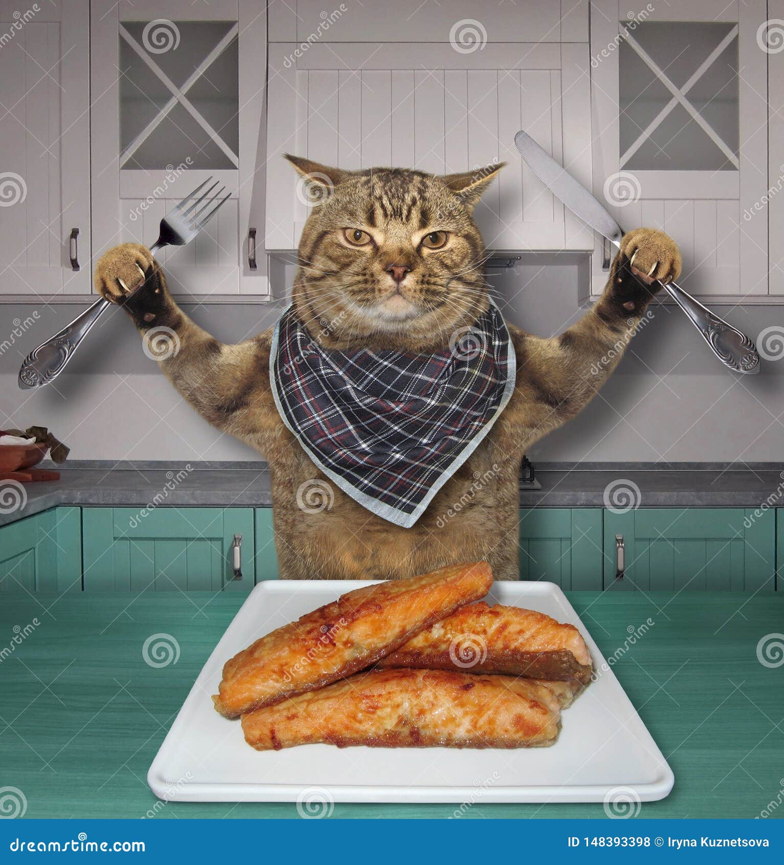 Cat Eats Fried Trout in a Kitchen Stock Photo - Image of cook, kitchen ...