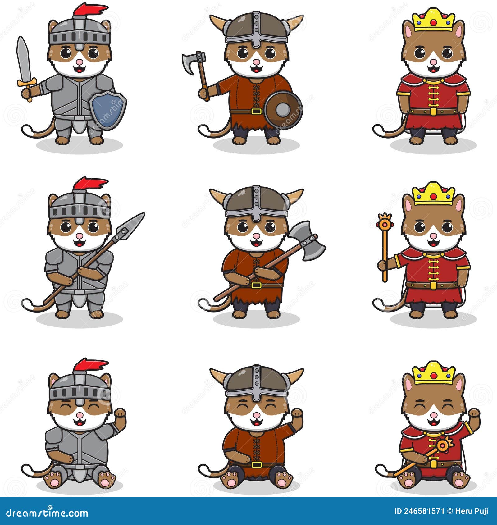 Vector Illustrations of Cat Characters in Various Medieval Outfits ...