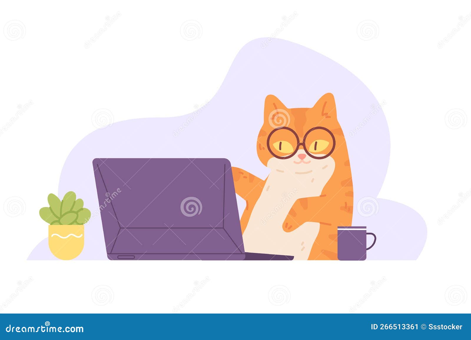 Cat Laptop. Serious Kitten in Glasses Keyboard Work Notebook with Cofee ...