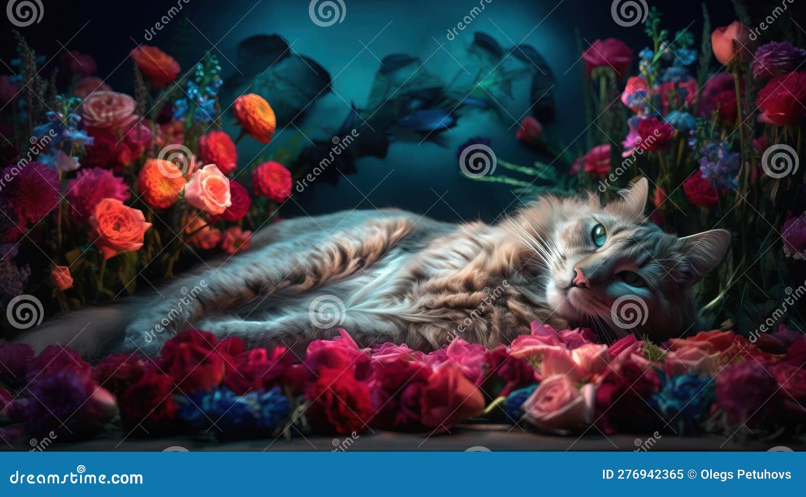 A Cat is Laying in a Bed of Flowers and Roses Stock Illustration ...