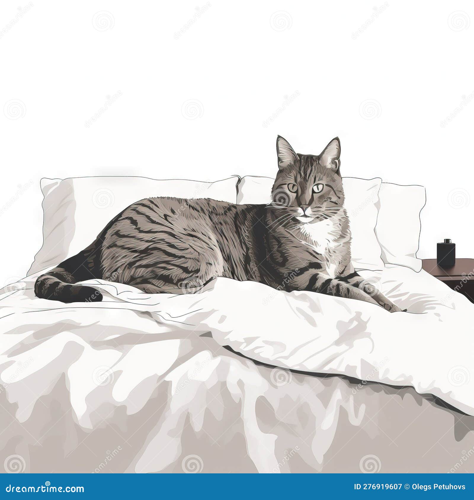 A Cat Laying on a Bed with a White Comforter Stock Illustration ...
